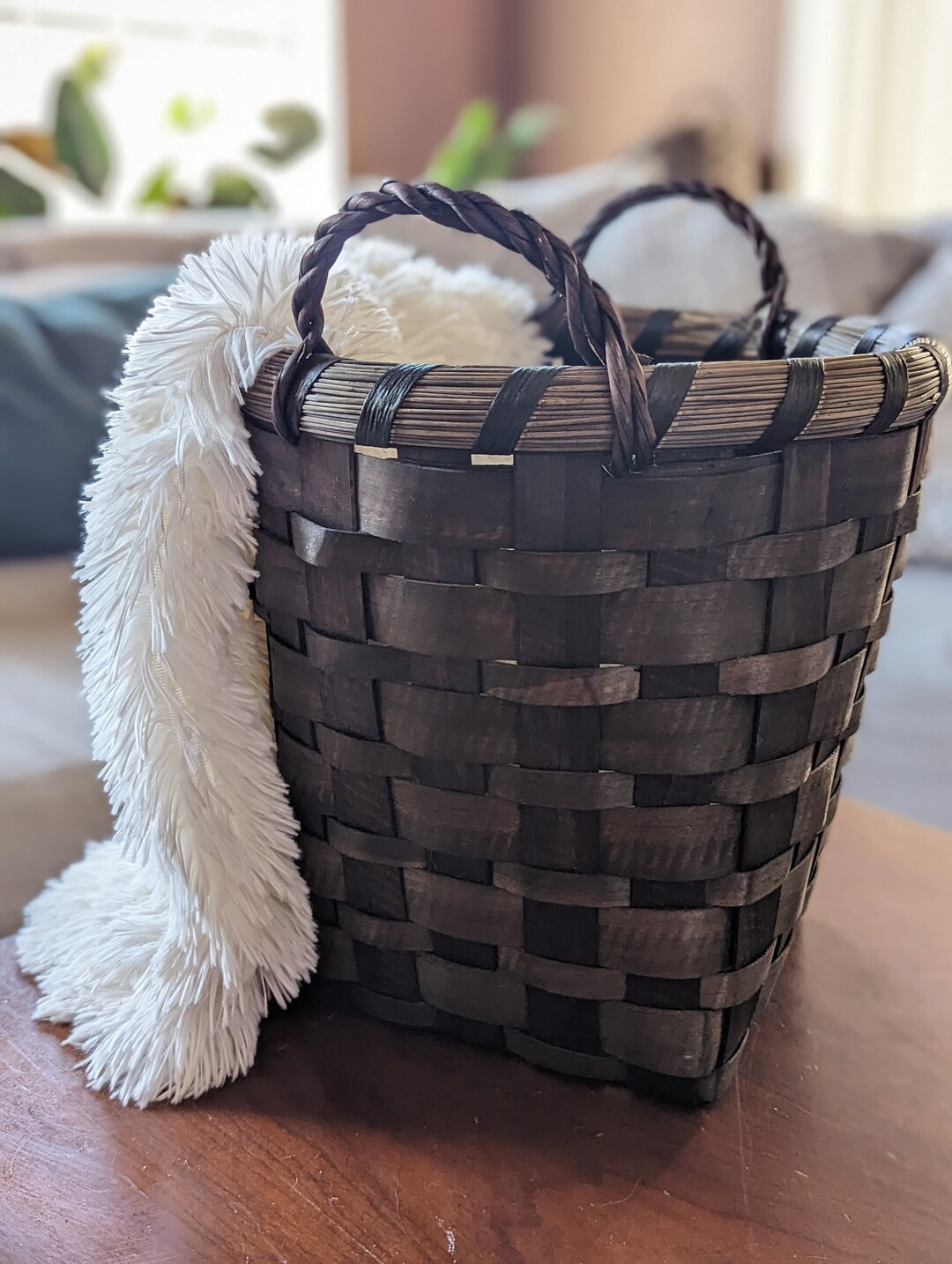 Woven Blanket Basket, Wooden Plant Basket, Wooden Basket Cache Pot ...