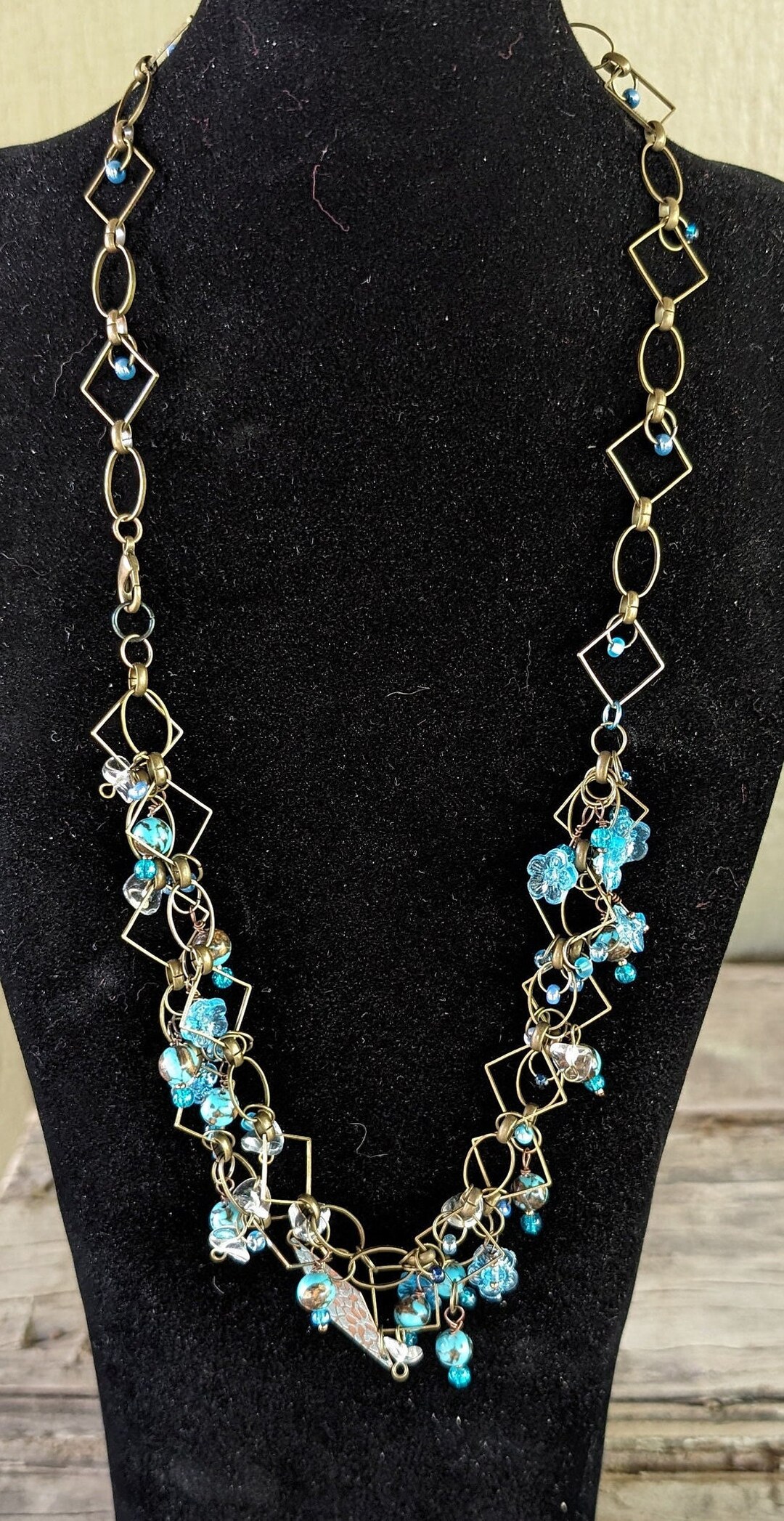 Turquoise and Bronze Double Layer Chain Necklace With Front Closure - Etsy
