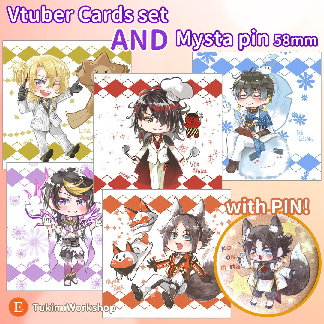 Set of EN Vtuber Cards and Mysta 58mm Pin Nijisanji Chibi Fanart Vtuber ...