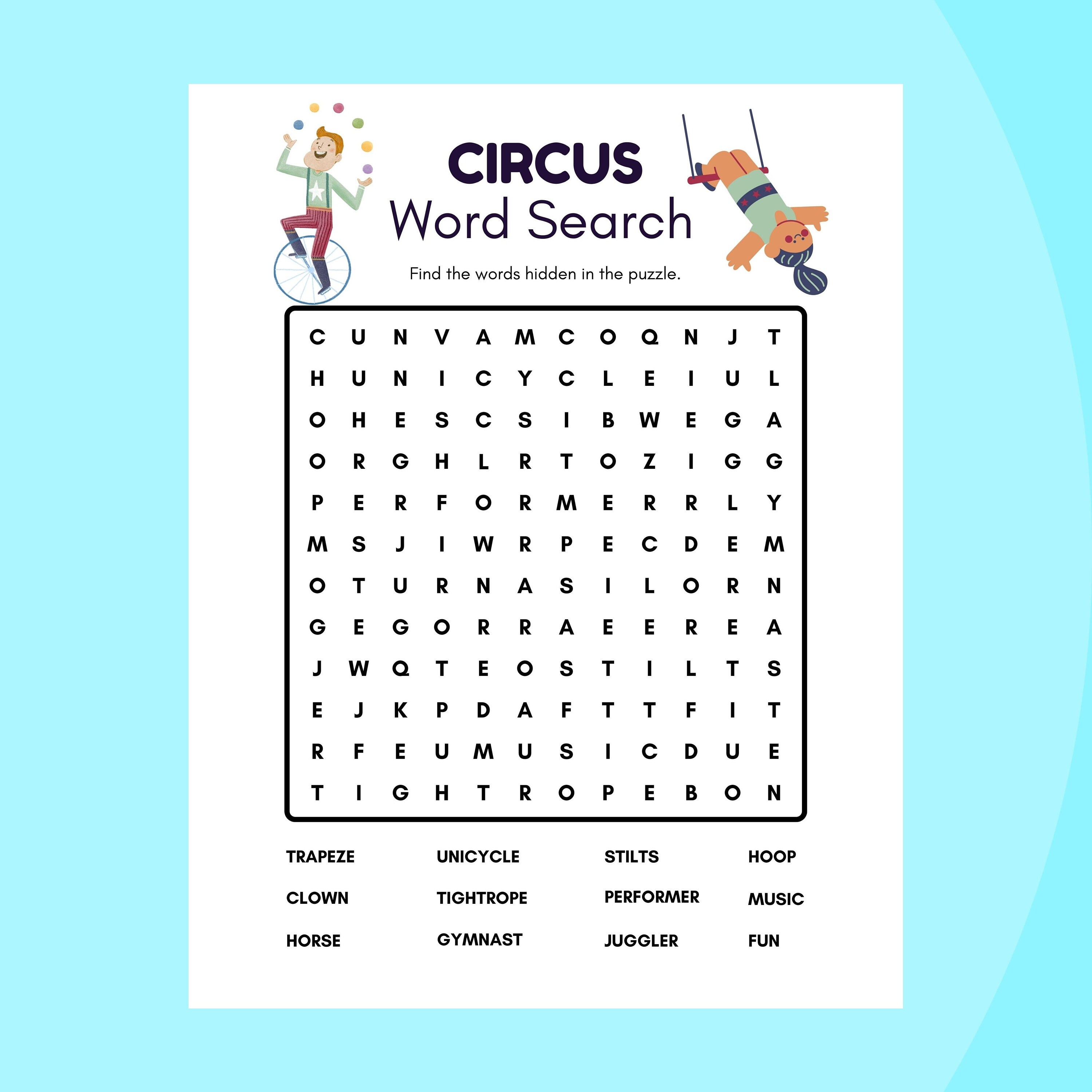 Word Search - Puzzles, Activity for Kids, Circus, Dogs, Amusement Park ...