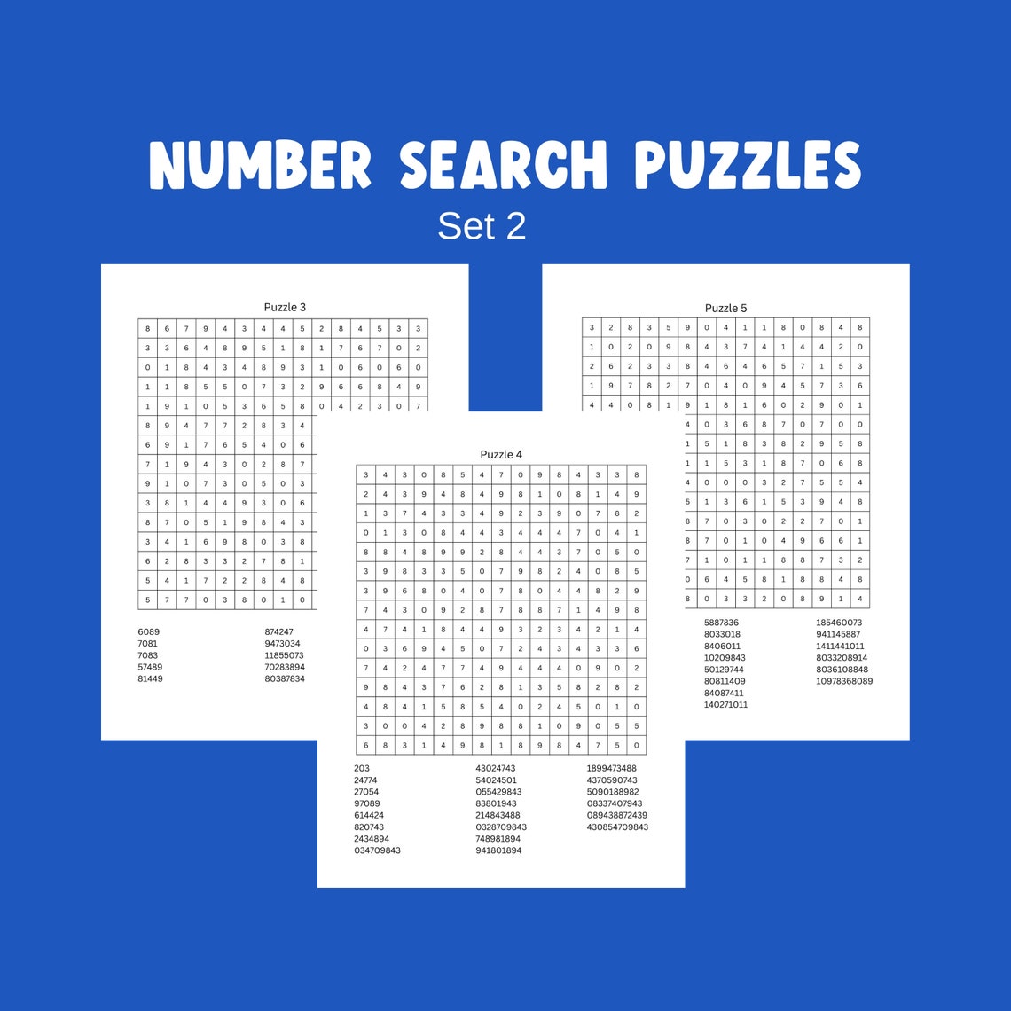 Number Search Puzzles - Set 2 - Printable, Instant Download, 10 Puzzles ...