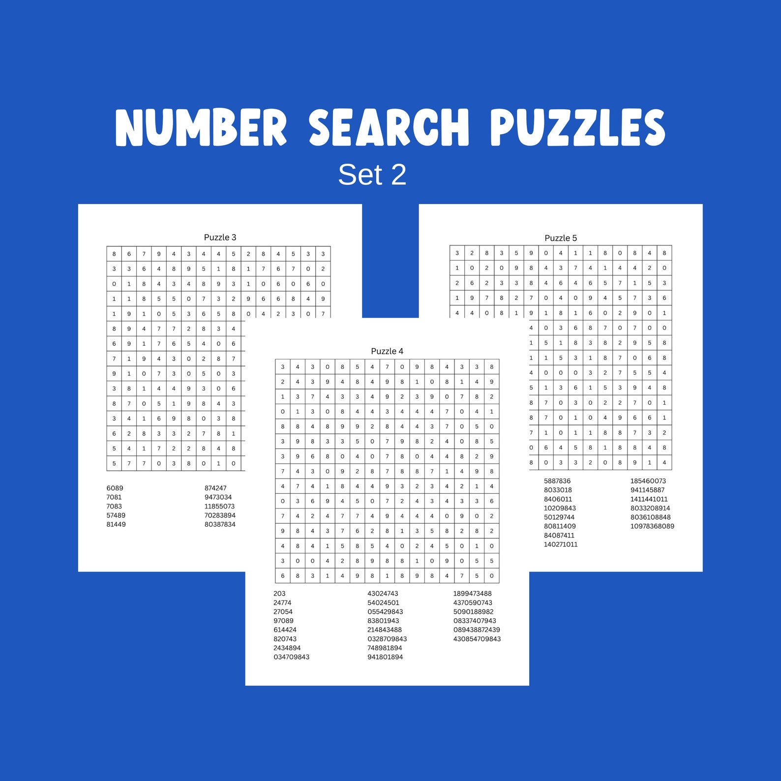 Number Search Puzzles - Set 2 - Printable, Instant Download, 10 Puzzles ...