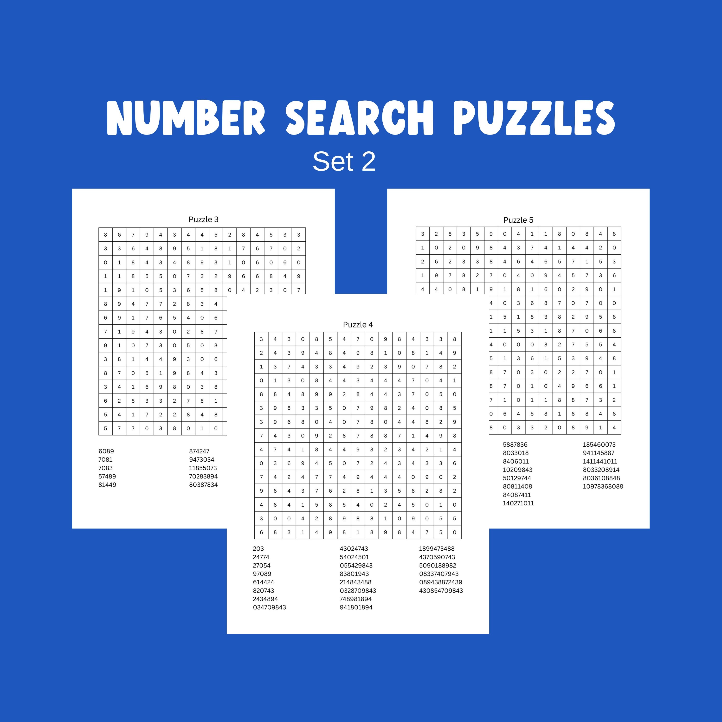 Number Search Puzzles - Set 2 - Printable, Instant Download, 10 Puzzles ...