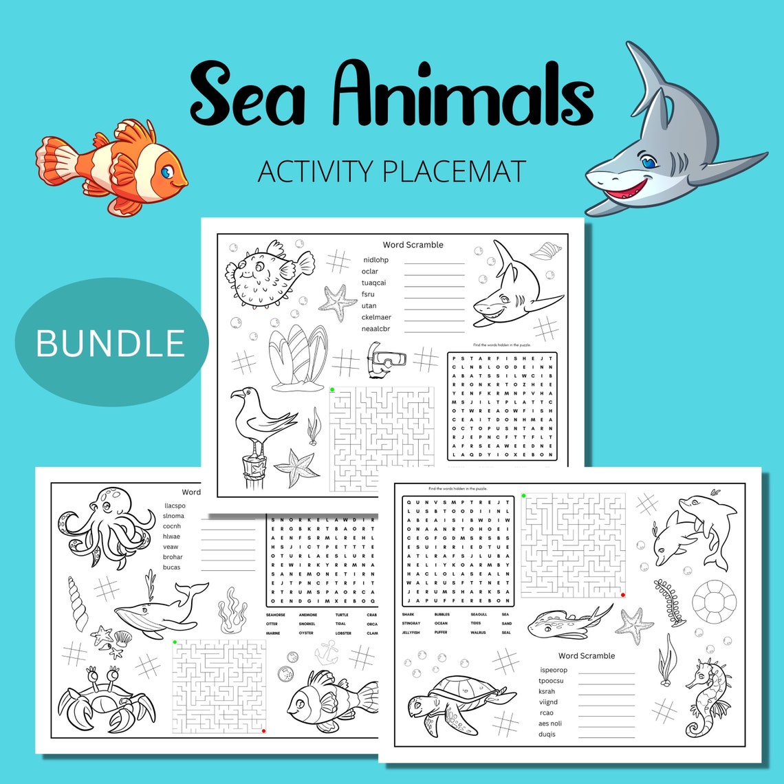Sea Animals Activity Placemat - Coloring Placemat for Kids, Kids ...