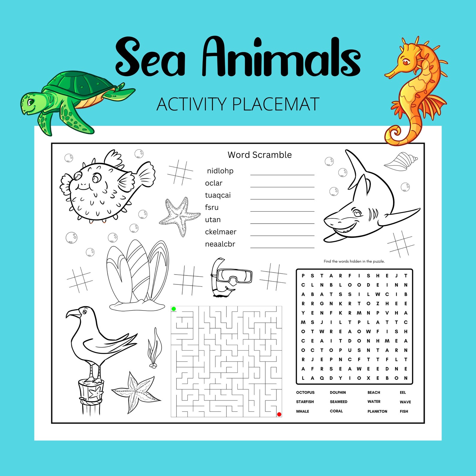 Sea Animals Activity Placemat - Coloring Placemat for Kids, Kids ...