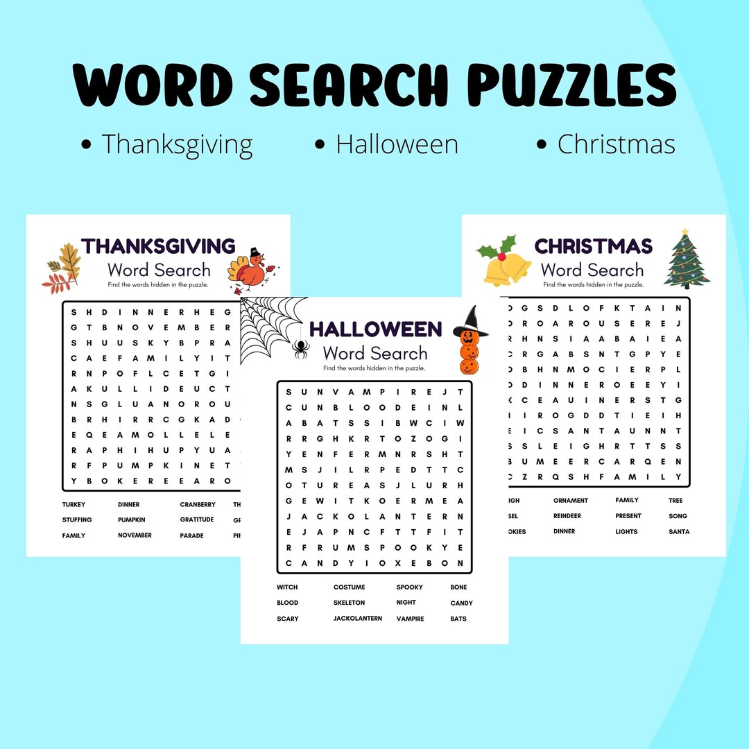 Holiday Word Search Puzzles, Activity for Kids, Thanksgiving, Halloween ...