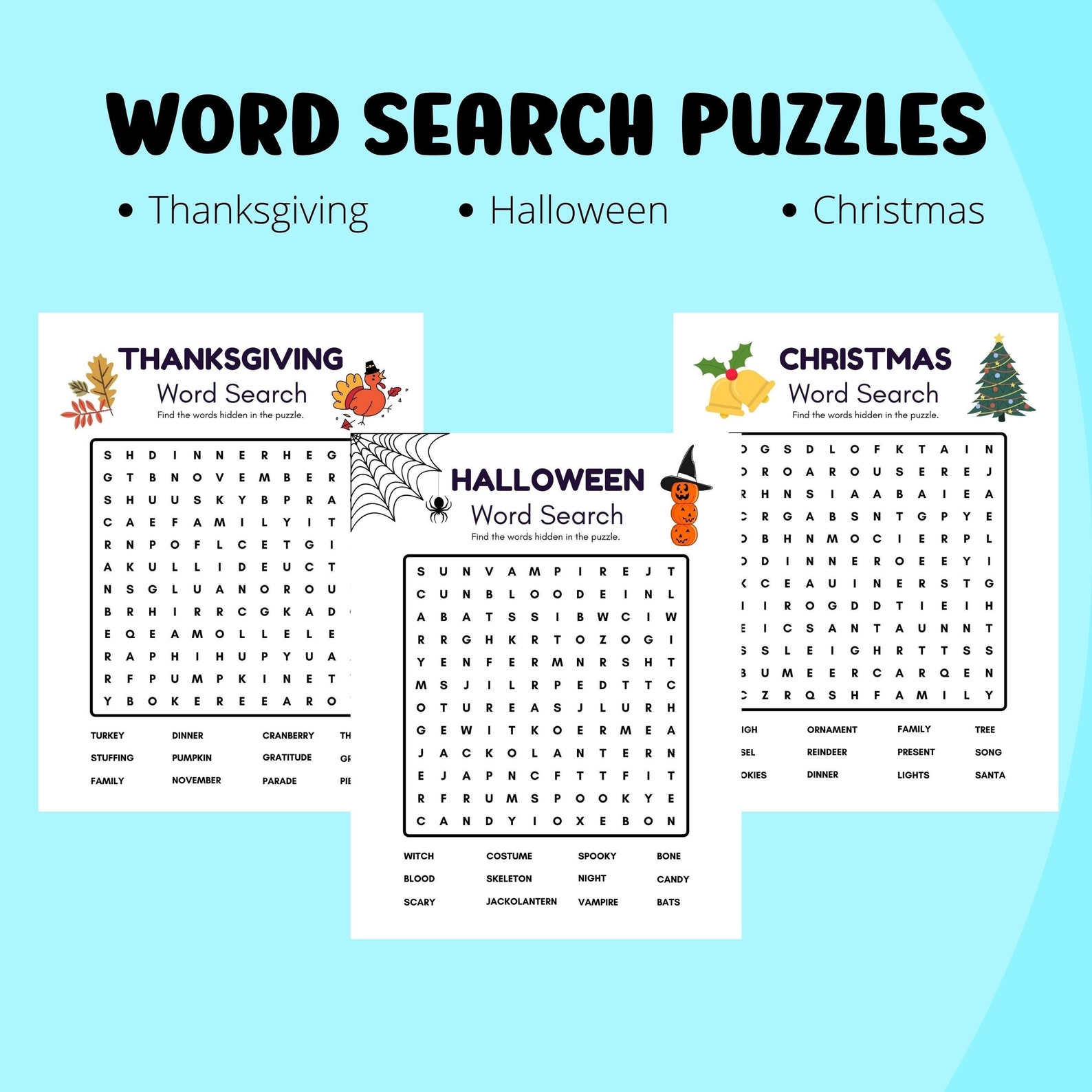 Holiday Word Search Puzzles, Activity for Kids, Thanksgiving, Halloween ...