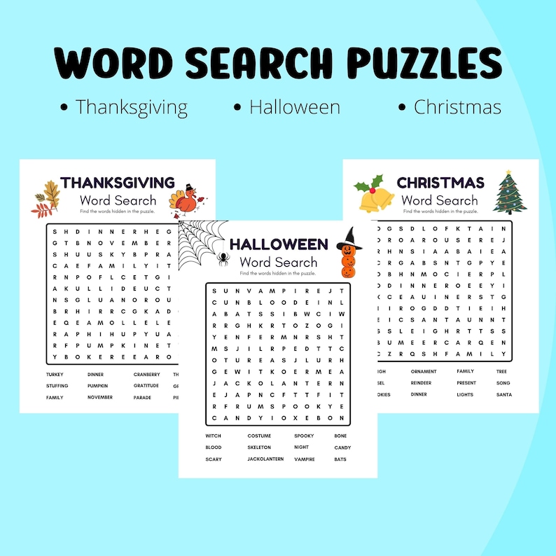 Holiday Word Search Puzzles, Activity for Kids, Thanksgiving, Halloween ...
