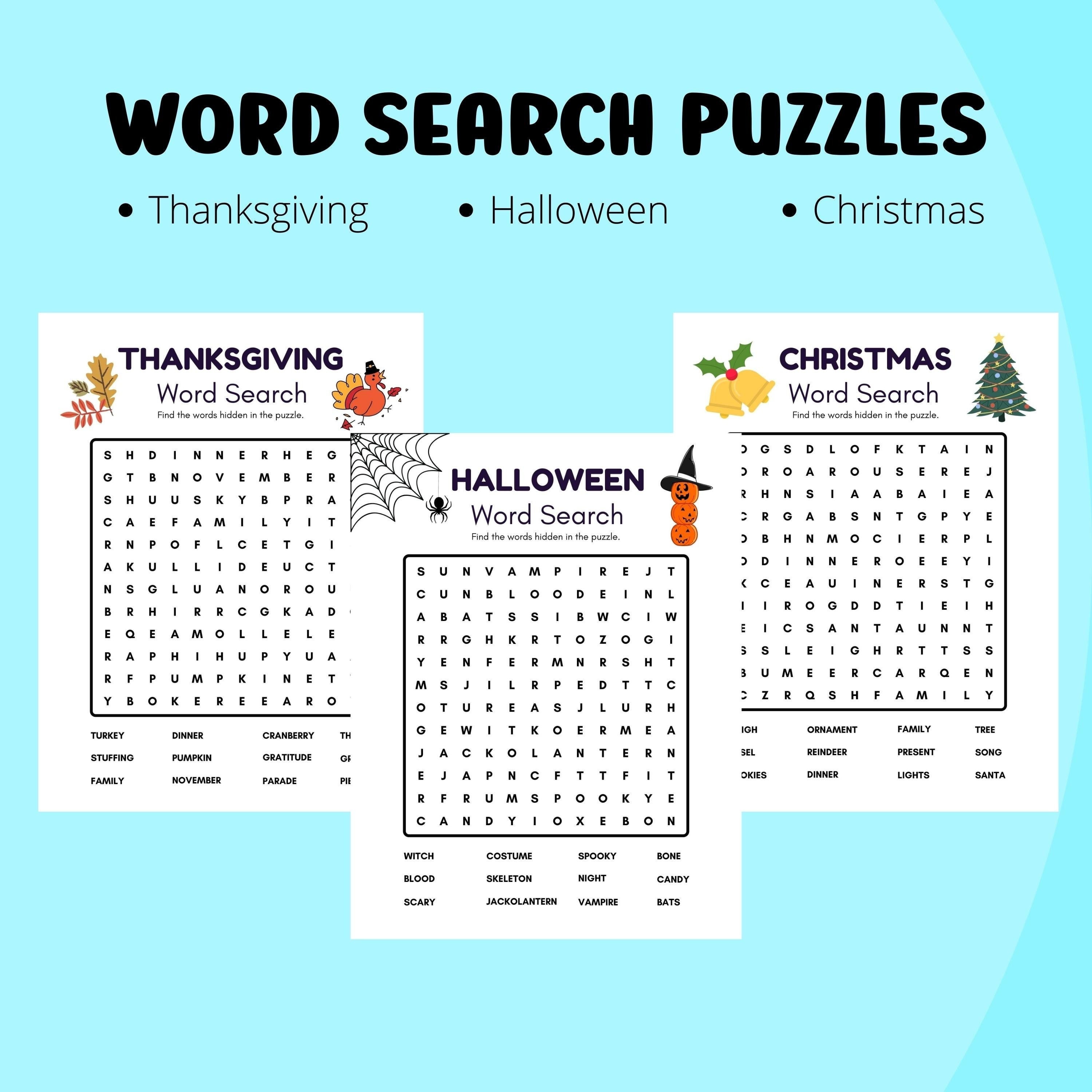 Holiday Word Search Puzzles, Activity for Kids, Thanksgiving, Halloween ...