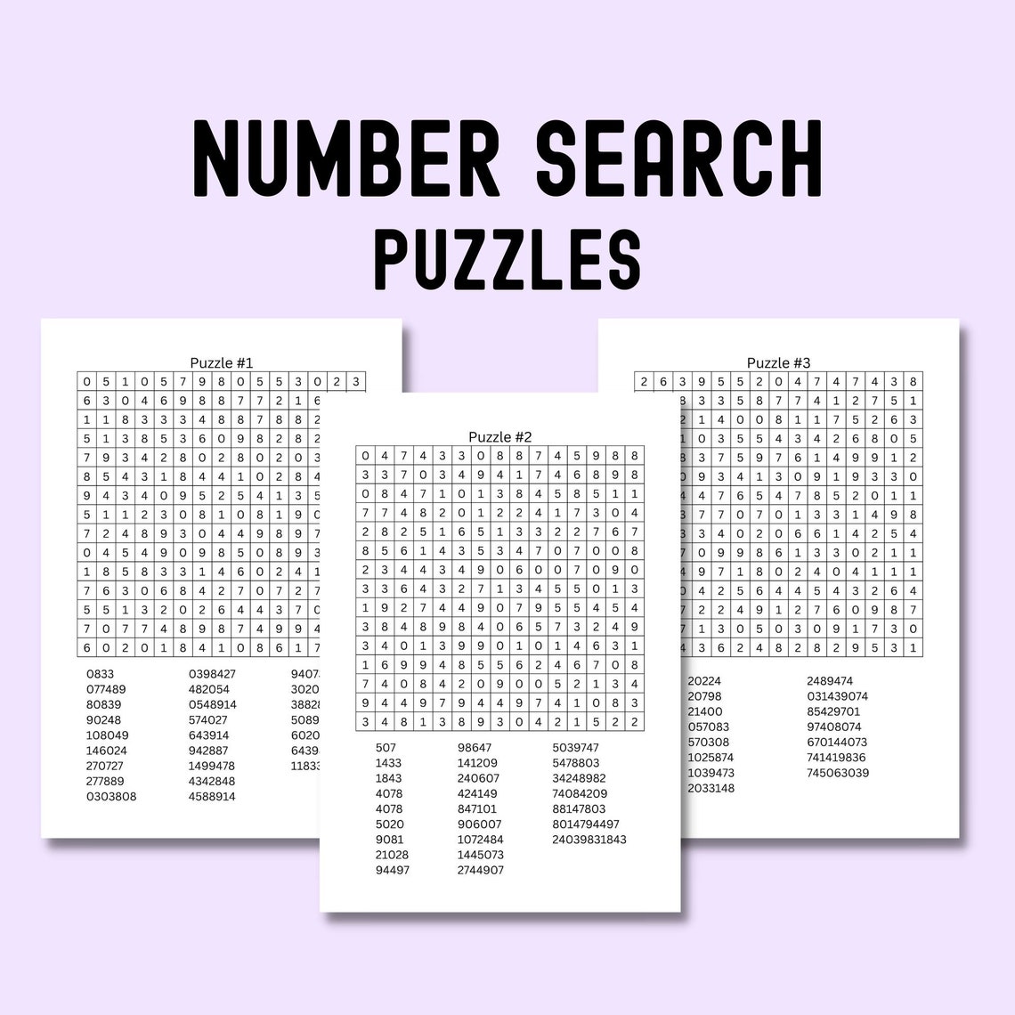 Number Search Puzzles - Printable, Instant Download, 10 Puzzles ...