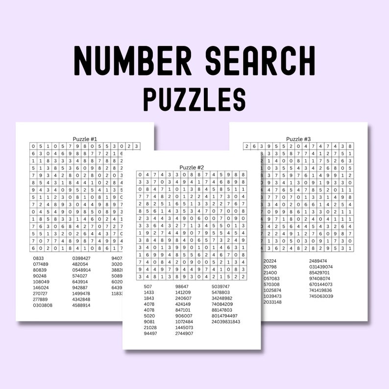 Number Search Puzzles - Printable, Instant Download, 10 Puzzles ...