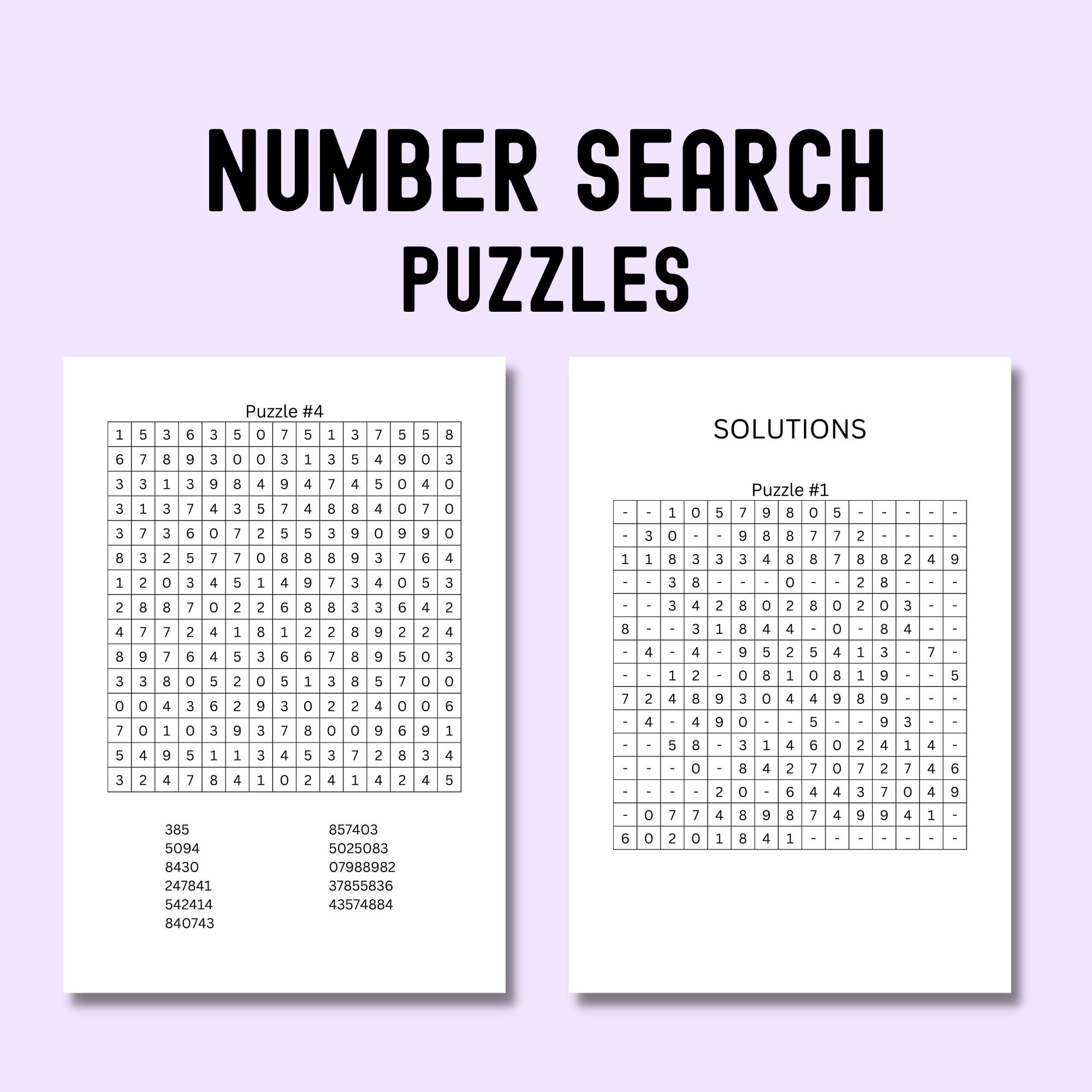 Number Search Puzzles - Printable, Instant Download, 10 Puzzles ...