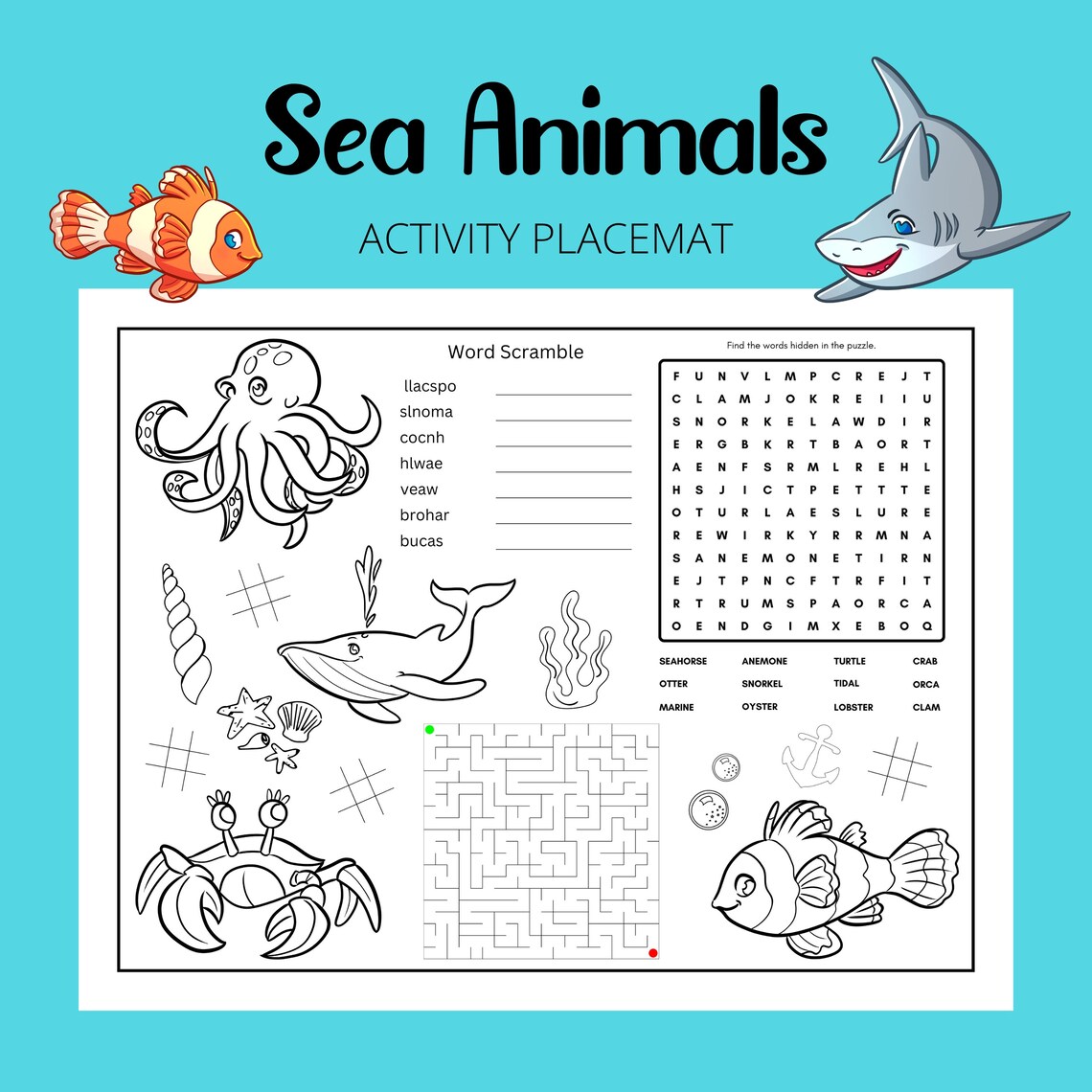 Sea Animals Activity Placemat - Coloring Placemat for Kids, Kids ...