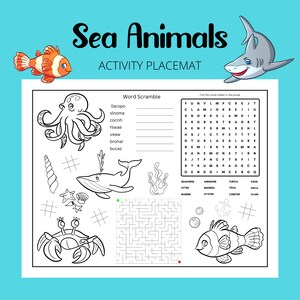 Sea Animals Activity Placemat - Coloring Placemat for Kids, Kids ...