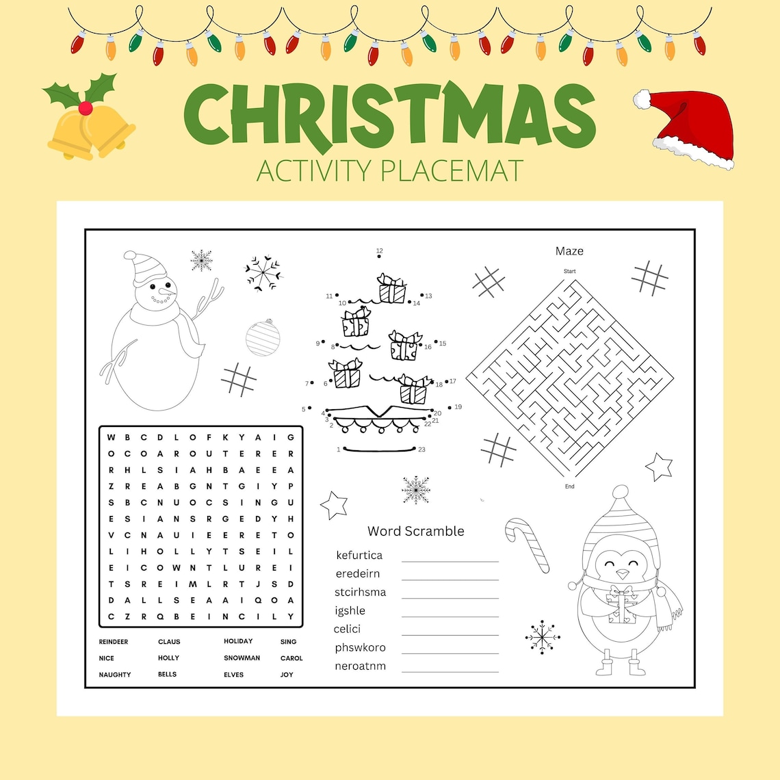 Christmas Placemat - Coloring Placemat for Kids, Kids Placemat ...