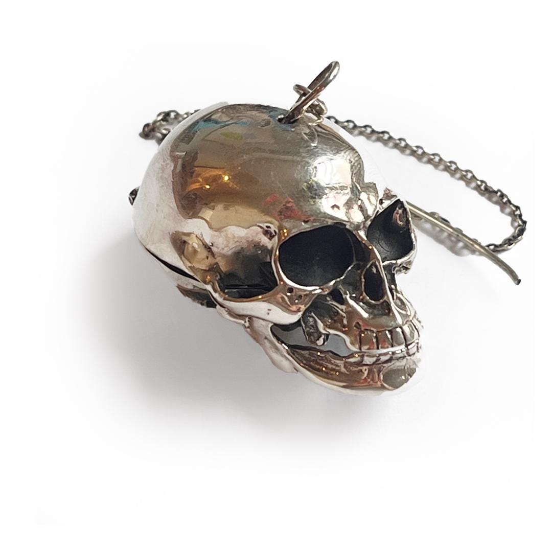 Large Vintage Silver Human Skull Locket / Snuff Box Pendant With Swan ...