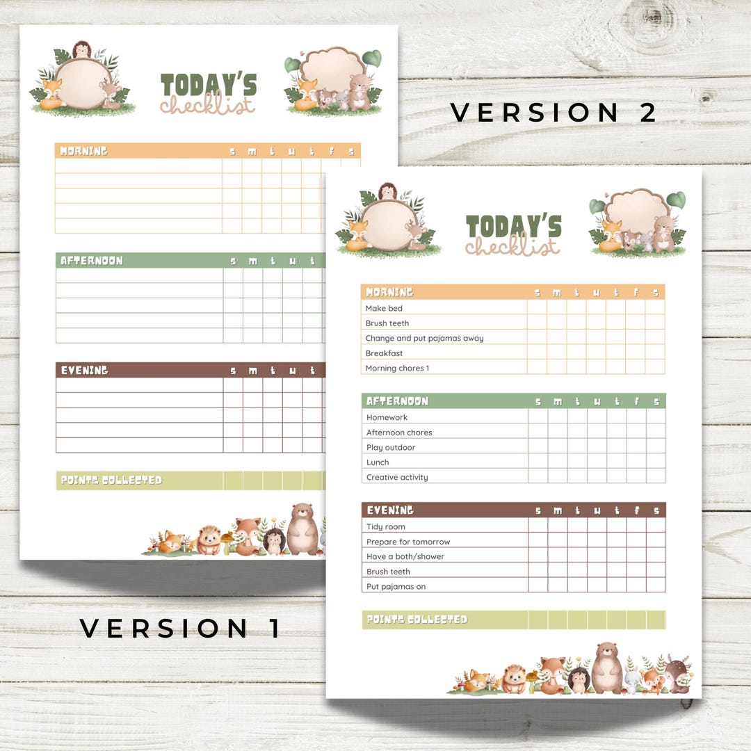 Kids Chore Chart: Woodland Creatures, Daily Checklist (instant Download ...