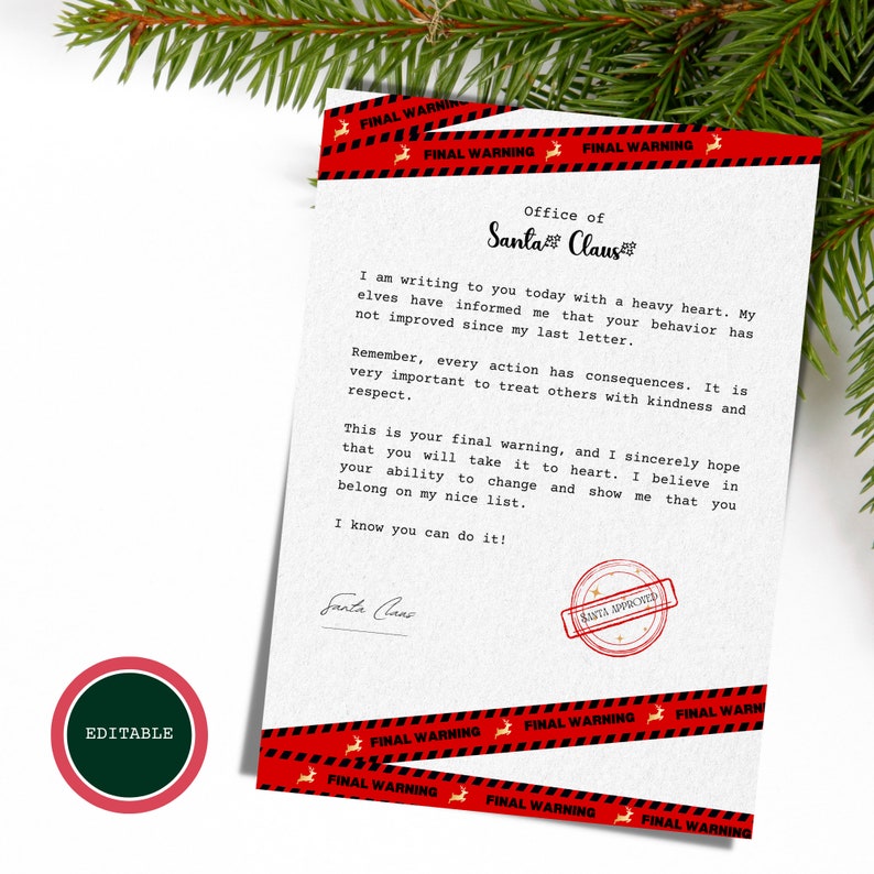 Editable Santa Warning Letter | Naughty List Notice (digital) - Etsy