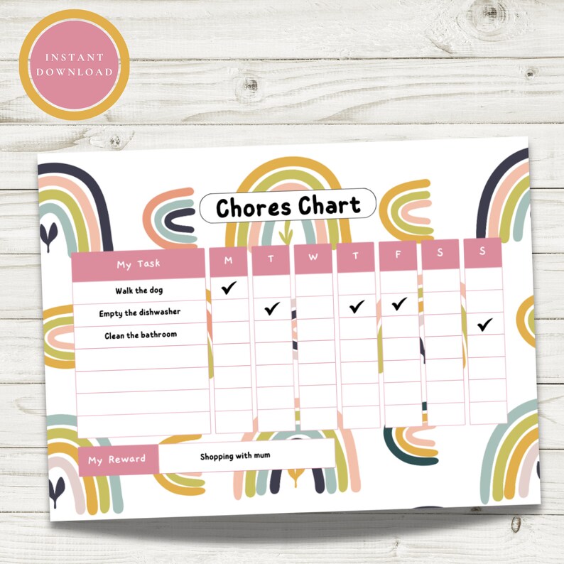 Rainbow Kids Chore Chart | Weekly Responsibility Chart (digital ...