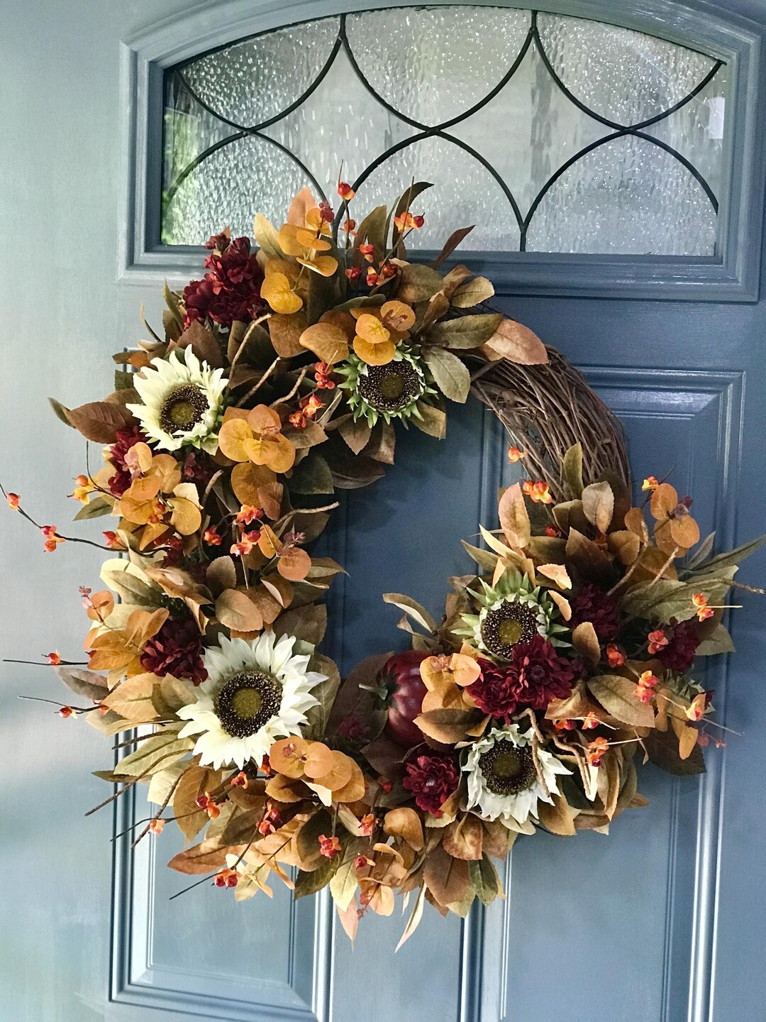 Front Door Wreath, Autumn Wreath, Floral Wreath, Brown, Ivory, Burgundy ...