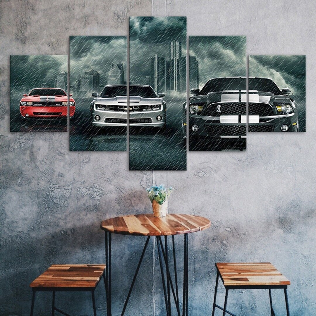Luxury Sports Muscle Cars Rainy Scene Canvas 5 Piece Five Panel Print ...