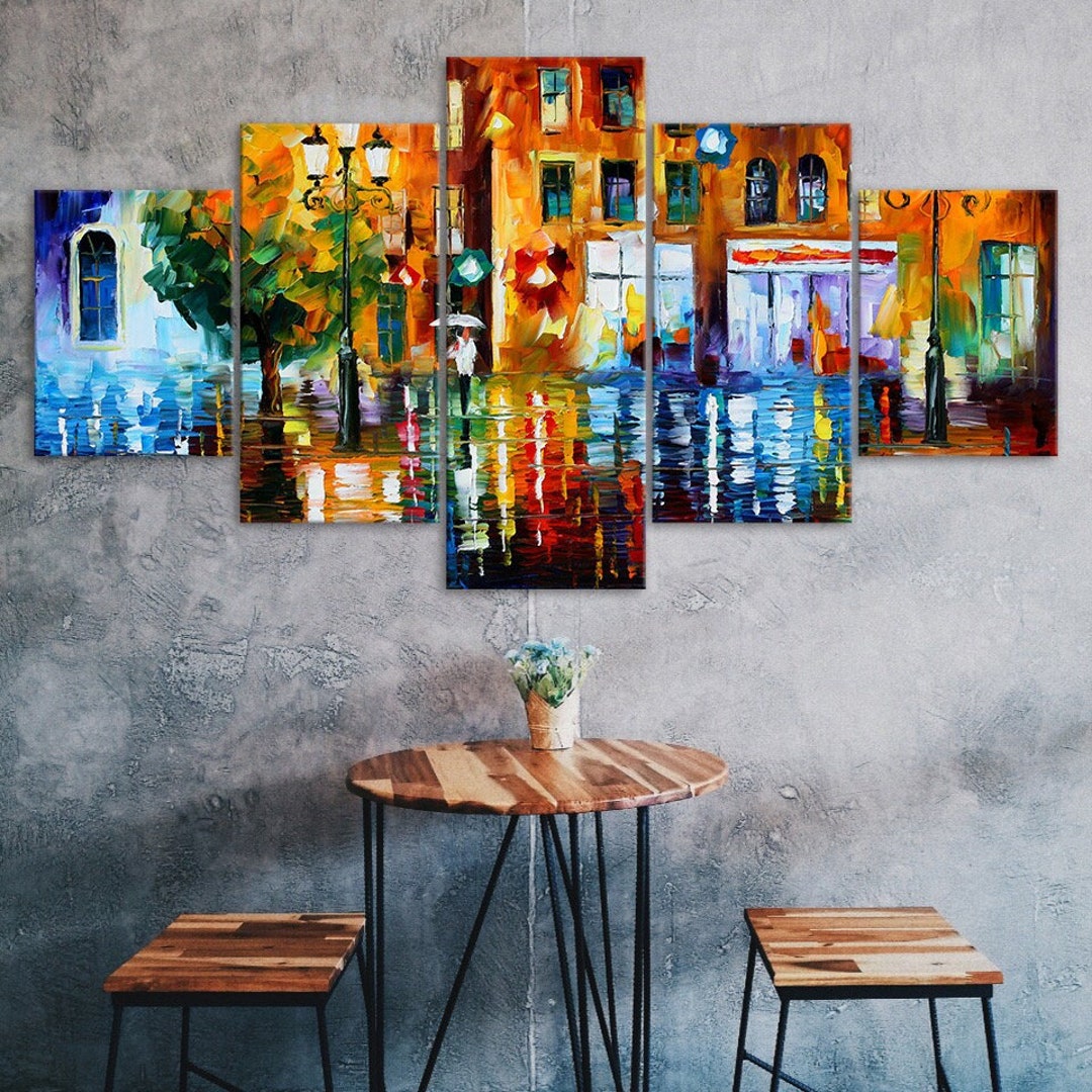 Abstract Rainy Street Night Scenery Painting 5 Piece Five Panel Canvas ...