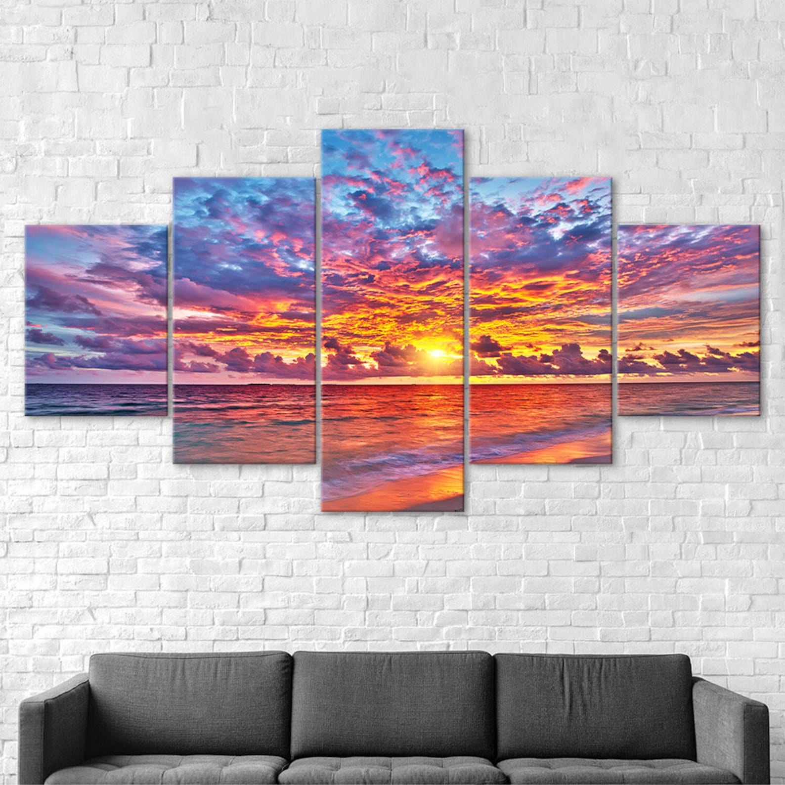 Horizon Ocean Sunset Red Sky Clouds Canvas 5 Piece Five Panel Wall ...