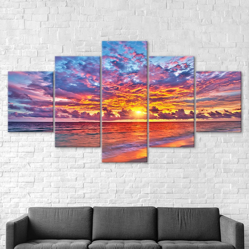 Horizon Ocean Sunset Red Sky Clouds Canvas 5 Piece Five Panel Wall ...
