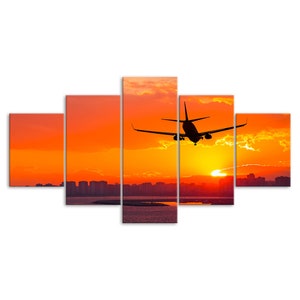 Sunset Airplane 5 Piece Canvas Wall Art Multi Panel Print Modern ...