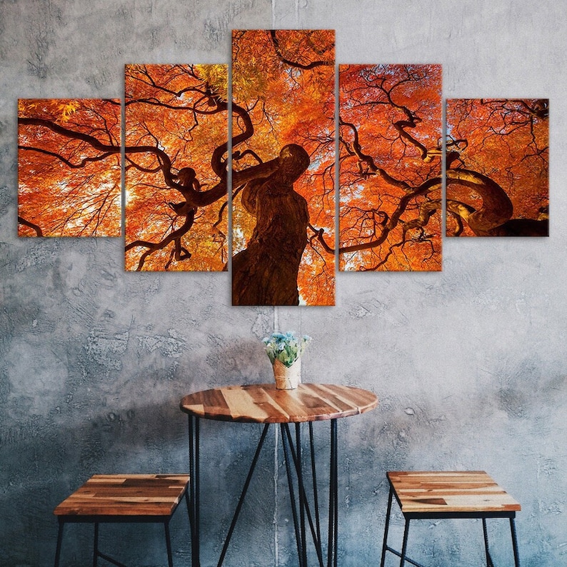 Orange Autumn Tree 5 Piece Canvas Wall Art Multi Panel Print Modern ...
