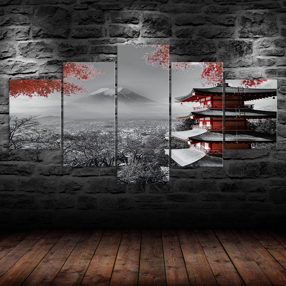 Japanese Temple Mount Fuji 5 Piece Canvas Wall Art Multi Panel Print ...