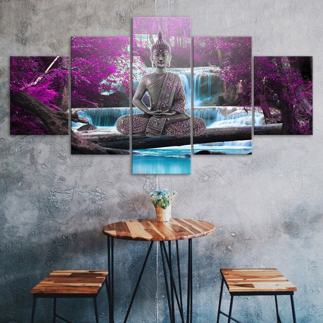 Buddha Waterfall Purple Tree Scene Canvas 5 Piece Five Panel Wall Print ...