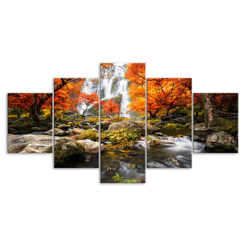 Waterfall Orange Leaf Trees Nature Autumn Scenery 5 Piece Five Panel ...