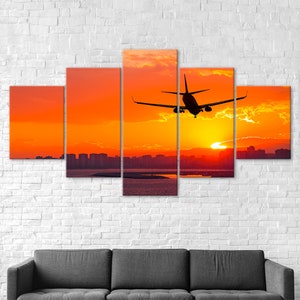 Sunset Airplane 5 Piece Canvas Wall Art Multi Panel Print Modern ...