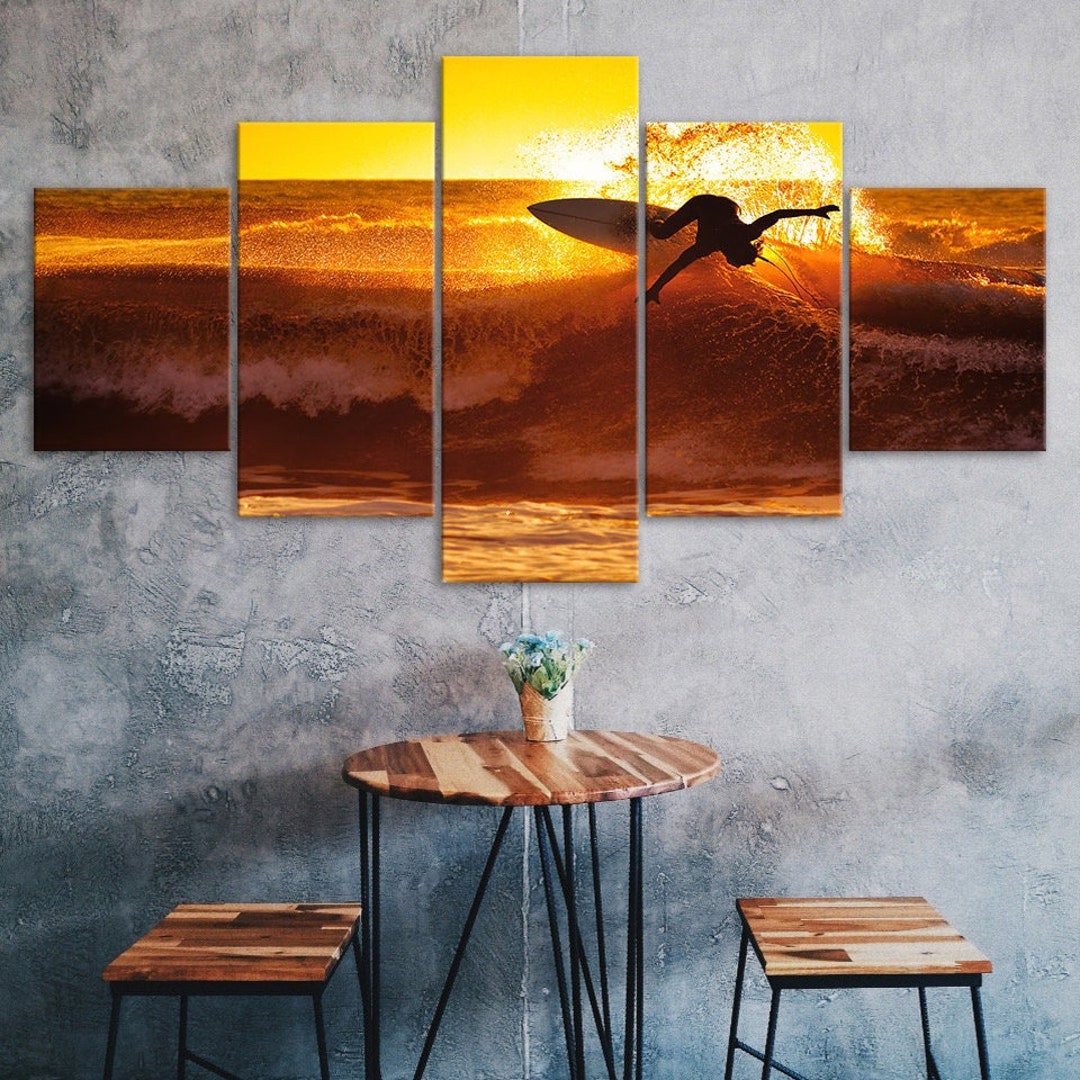 Sunset Ocean Surfing Scenery Canvas 5 Piece Five Panel Wall Print ...