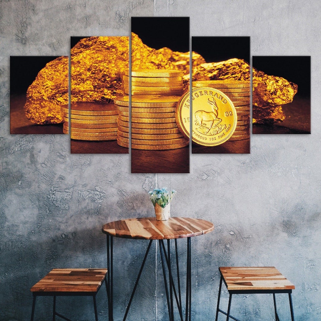 Gold Coins Money Scene Canvas 5 Piece Five Panel Wall Print Modern Art ...