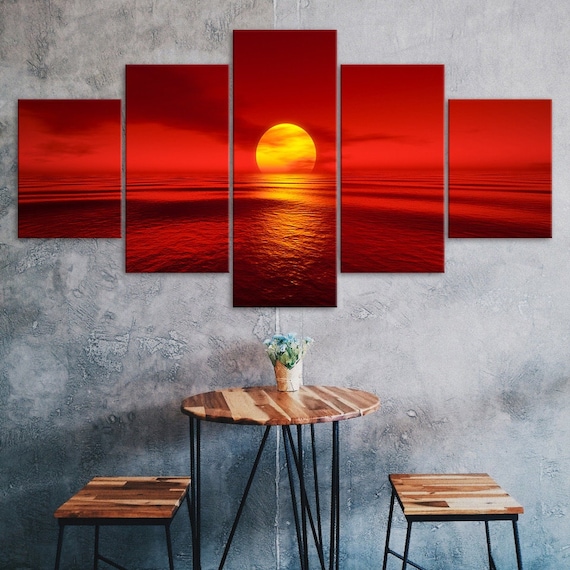 Red Sunset Sea Canvas 5 Piece Five Panel Wall Print Modern Art - Etsy