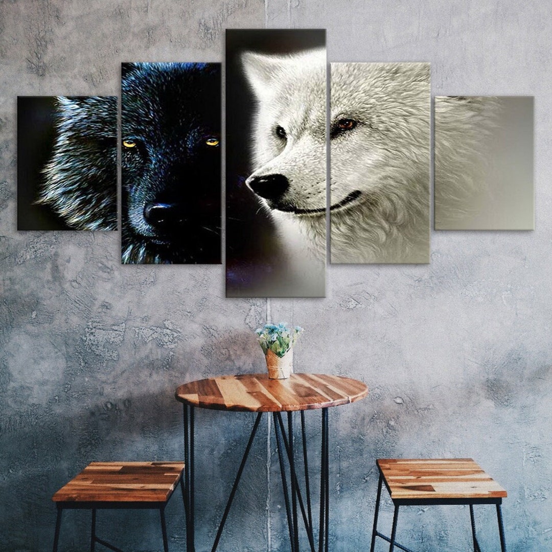 Black and White Wolves 5 Piece Canvas Wall Art Multi Panel Print Modern ...