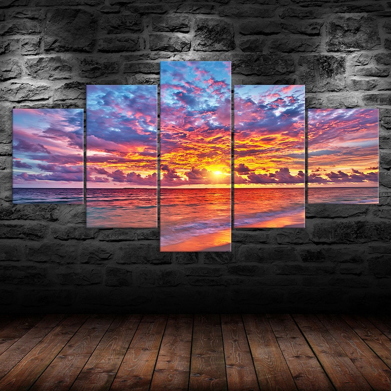 Horizon Ocean Sunset Red Sky Clouds Canvas 5 Piece Five Panel Wall ...