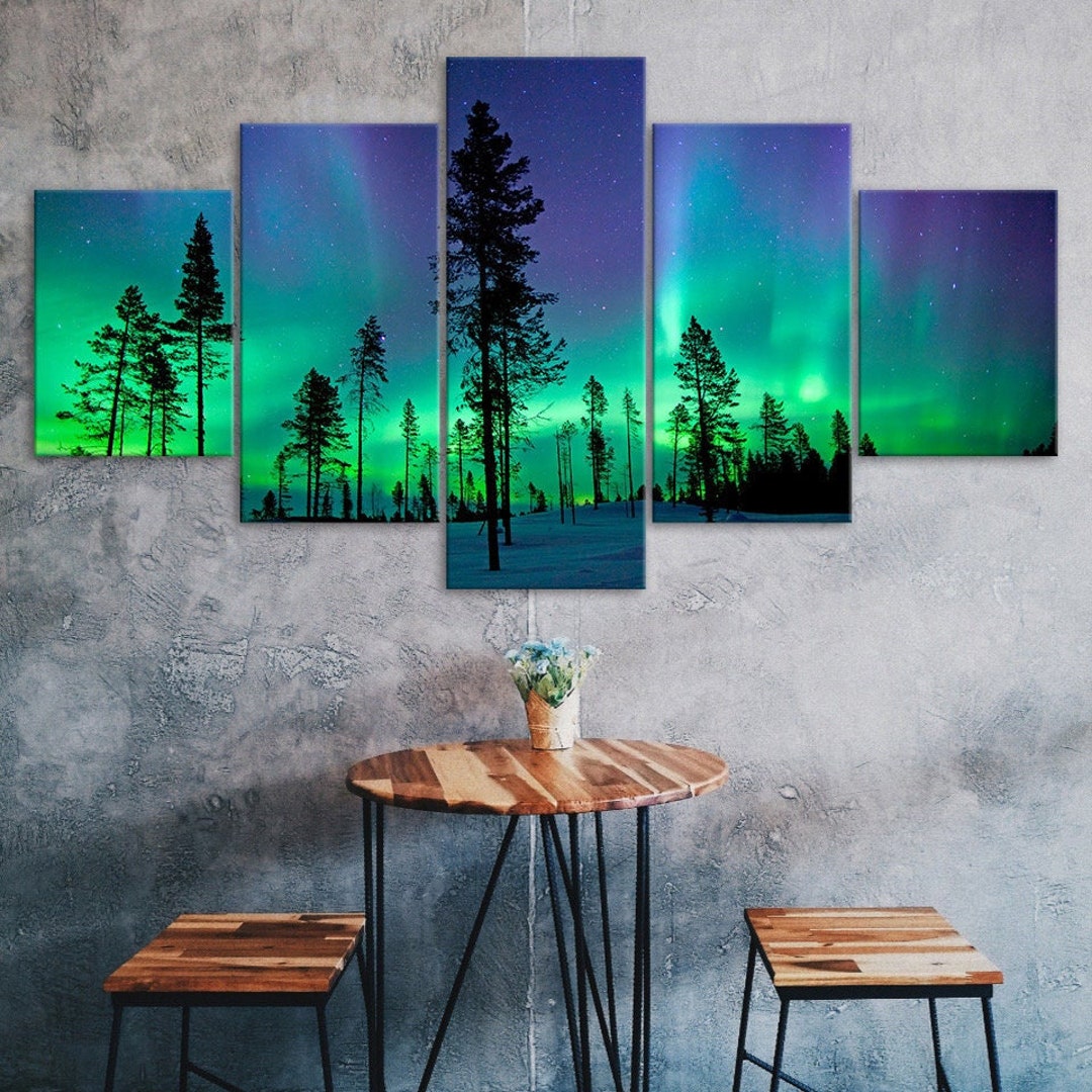 Aurora Borealis Night Forest 5 Piece Five Panel Wall Canvas Print ...