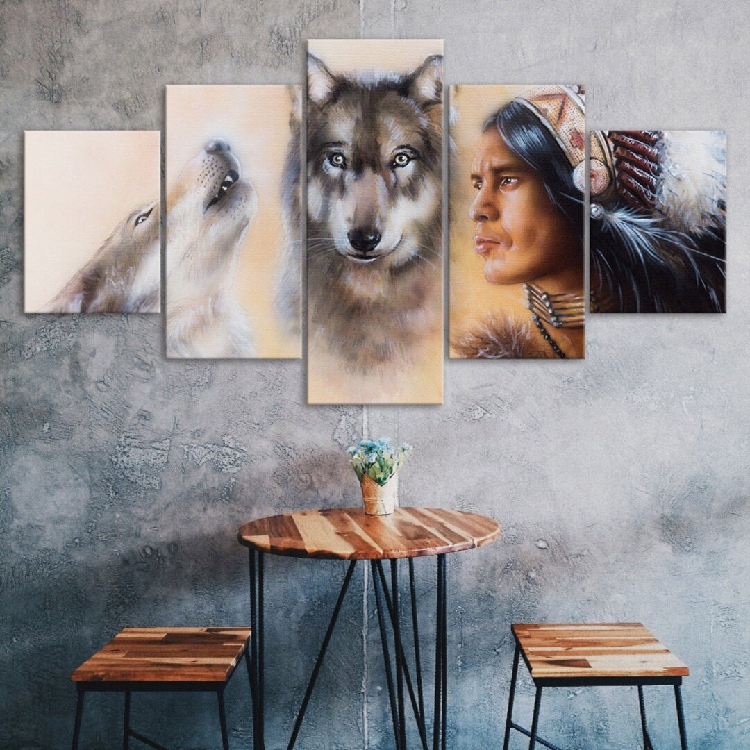 Native Indian Man Wolf Spirit Two Wolves 5 Piece Five Panel Wall Canvas ...