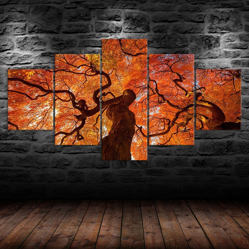 Orange Autumn Tree 5 Piece Canvas Wall Art Multi Panel Print Modern ...