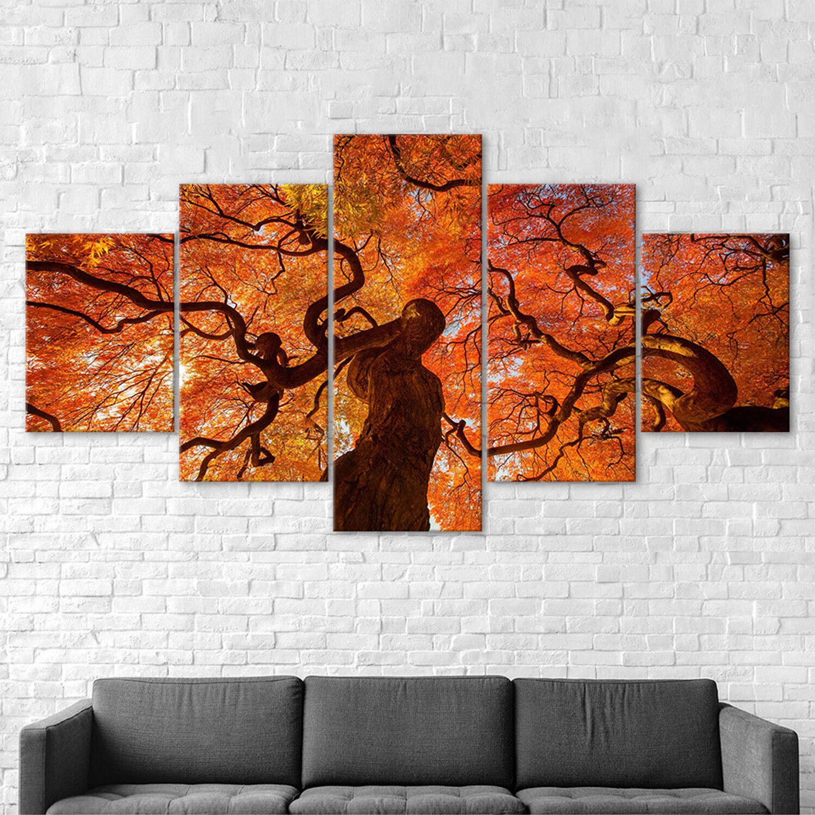 Orange Autumn Tree 5 Piece Canvas Wall Art Multi Panel Print Modern ...