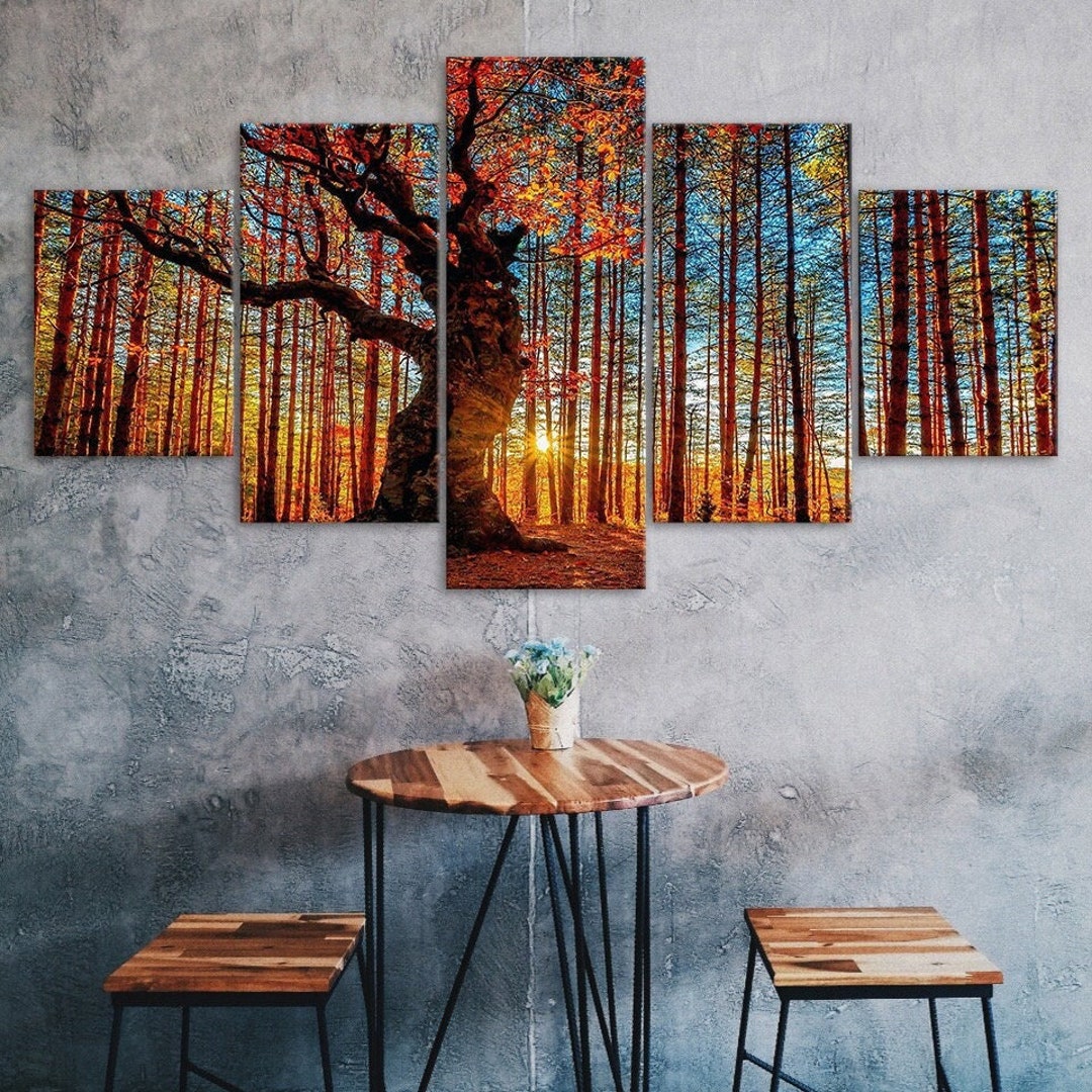 Forest Tree Sunset Scene 5 Piece Canvas Wall Art Multi Panel Print ...