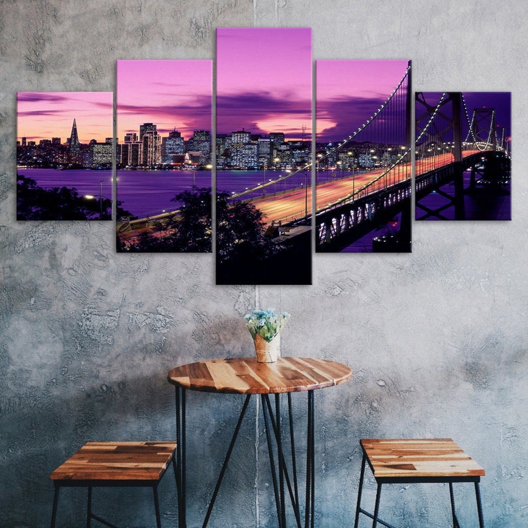 Purple Sky Sunset Golden Gate Bridge San Francisco Canvas 5 Piece Five ...