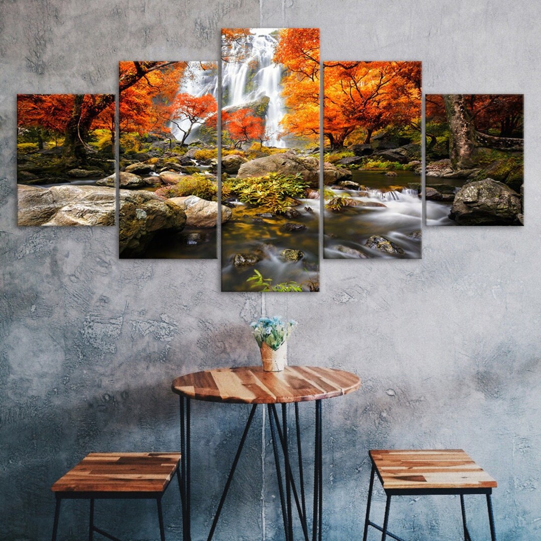 Waterfall Orange Leaf Trees Nature Autumn Scenery 5 Piece Five Panel ...