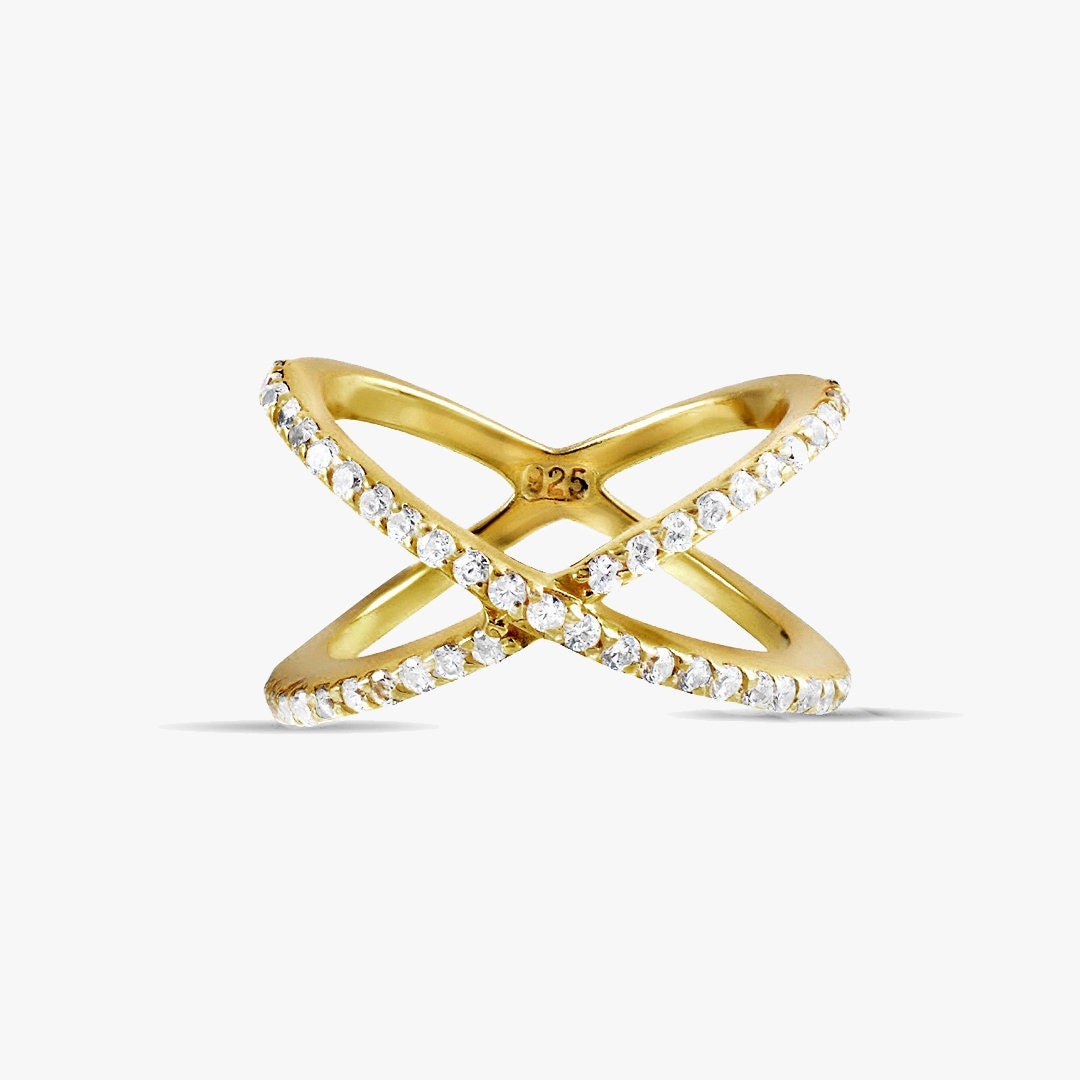 X Diamond Ring, Gold Criss Cross Diamond Cluster Ring,eternity Ring ...