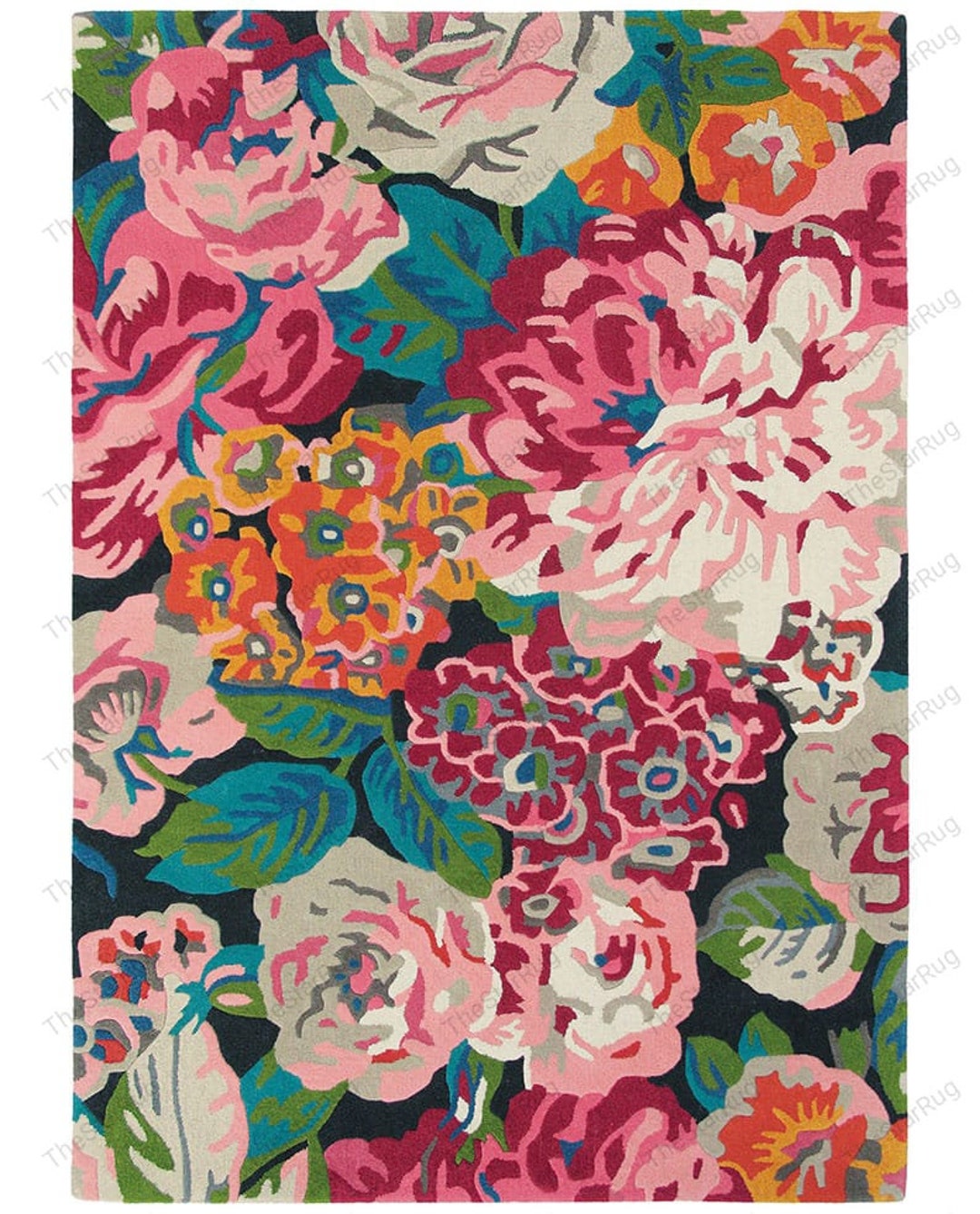 Hand Tufted Rose & Peony Park Rug Multi Colour Floral Shape Wool Cut ...