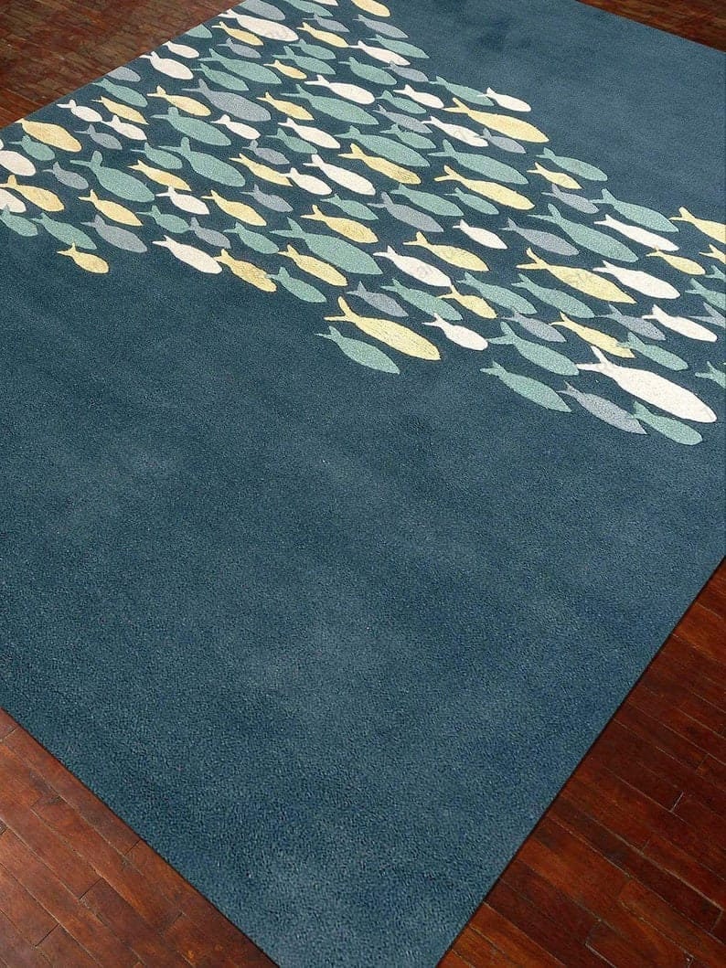 Hand-tufted Coastal Fish Blue Wool Handmade Area Rug Carpet for Home ...