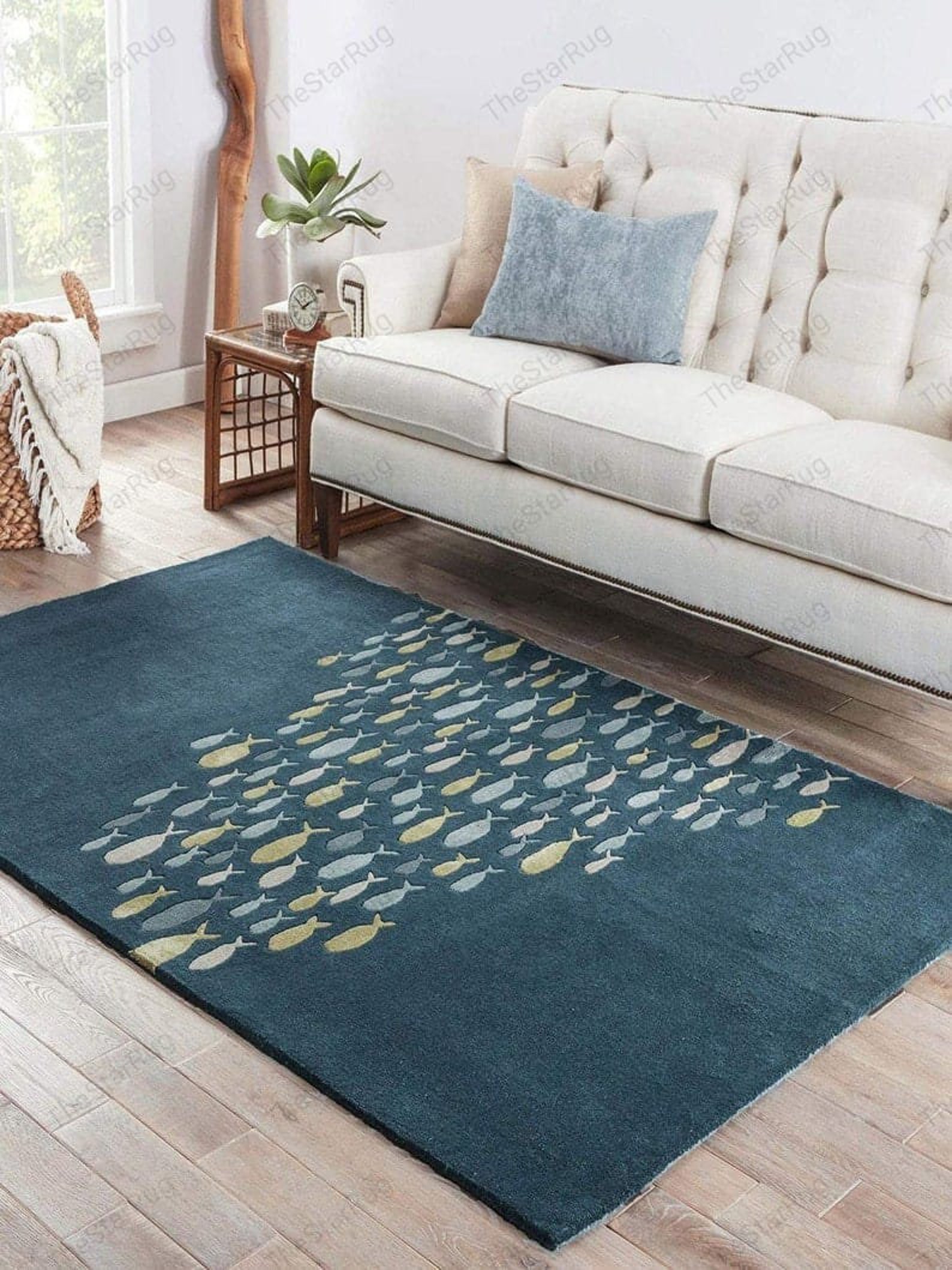Hand-tufted Coastal Fish Blue Wool Handmade Area Rug Carpet for Home ...